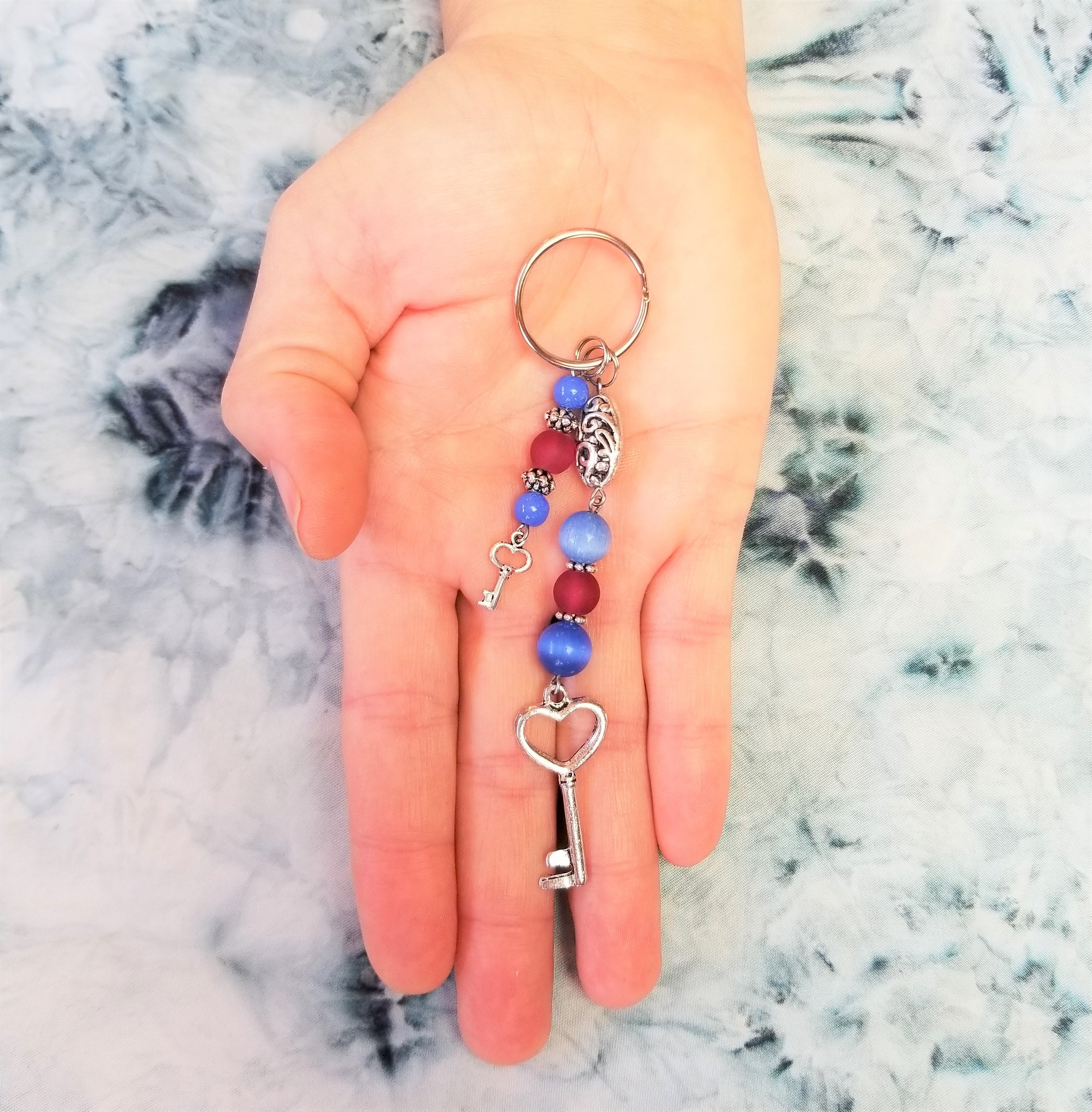 Key Charm Beaded Keychain/blue,dark Pink/glass, Silver Plated Metal ...