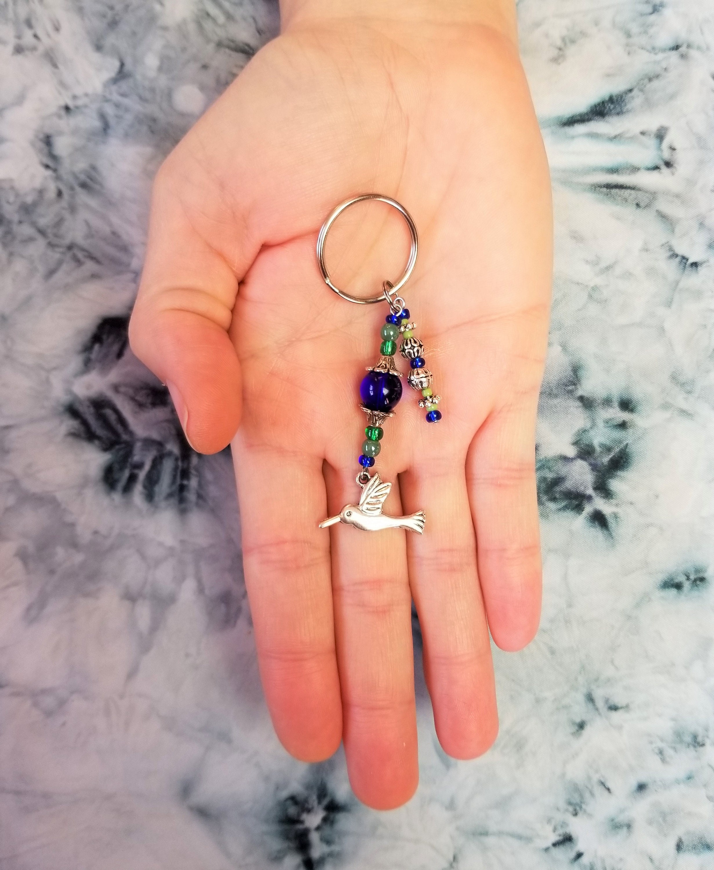 Hummingbird charm beaded keychain/blue green/glass metal | Etsy