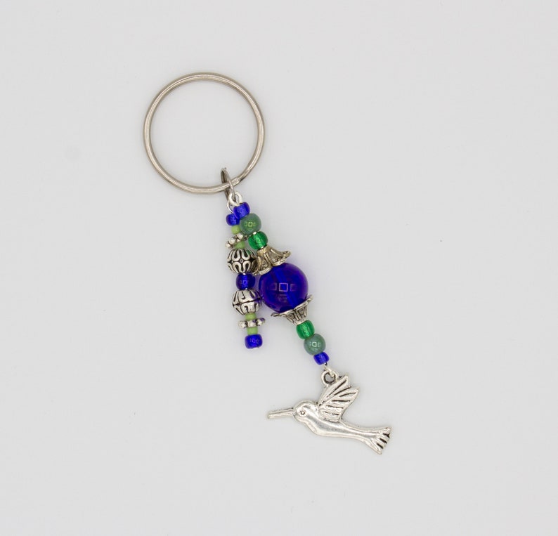 Hummingbird charm beaded keychain/blue green/glass metal | Etsy