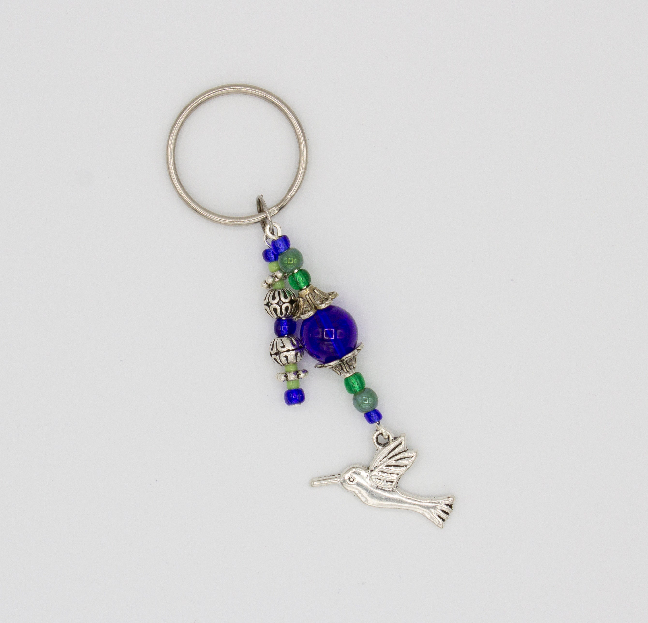 Hummingbird charm beaded keychain/blue green/glass metal | Etsy
