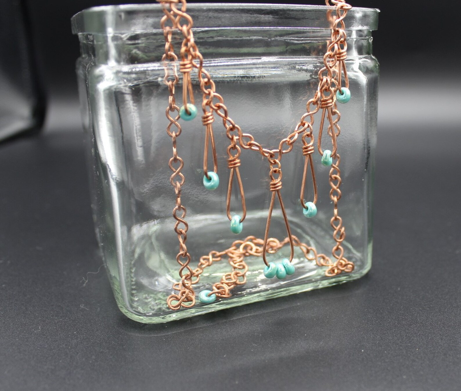 OOAK boho copper chain necklace/graduated teardrops/green | Etsy