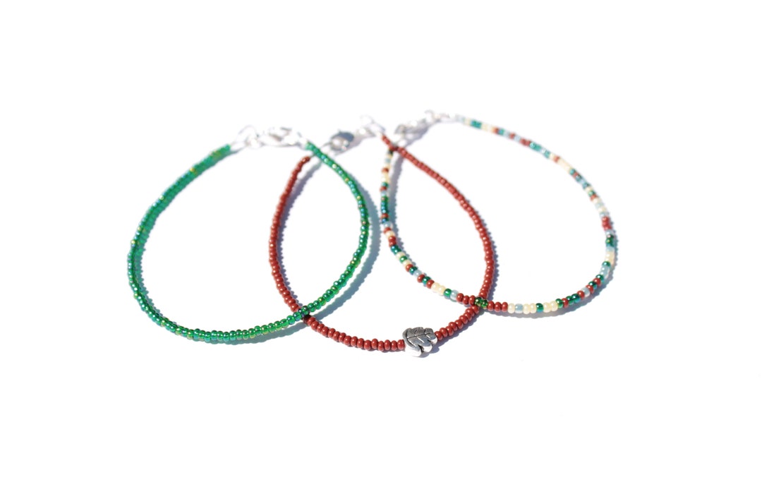 Autumn Bracelet Set/fall Seed Bead Bracelet/tiny Leaf Charm/green ...