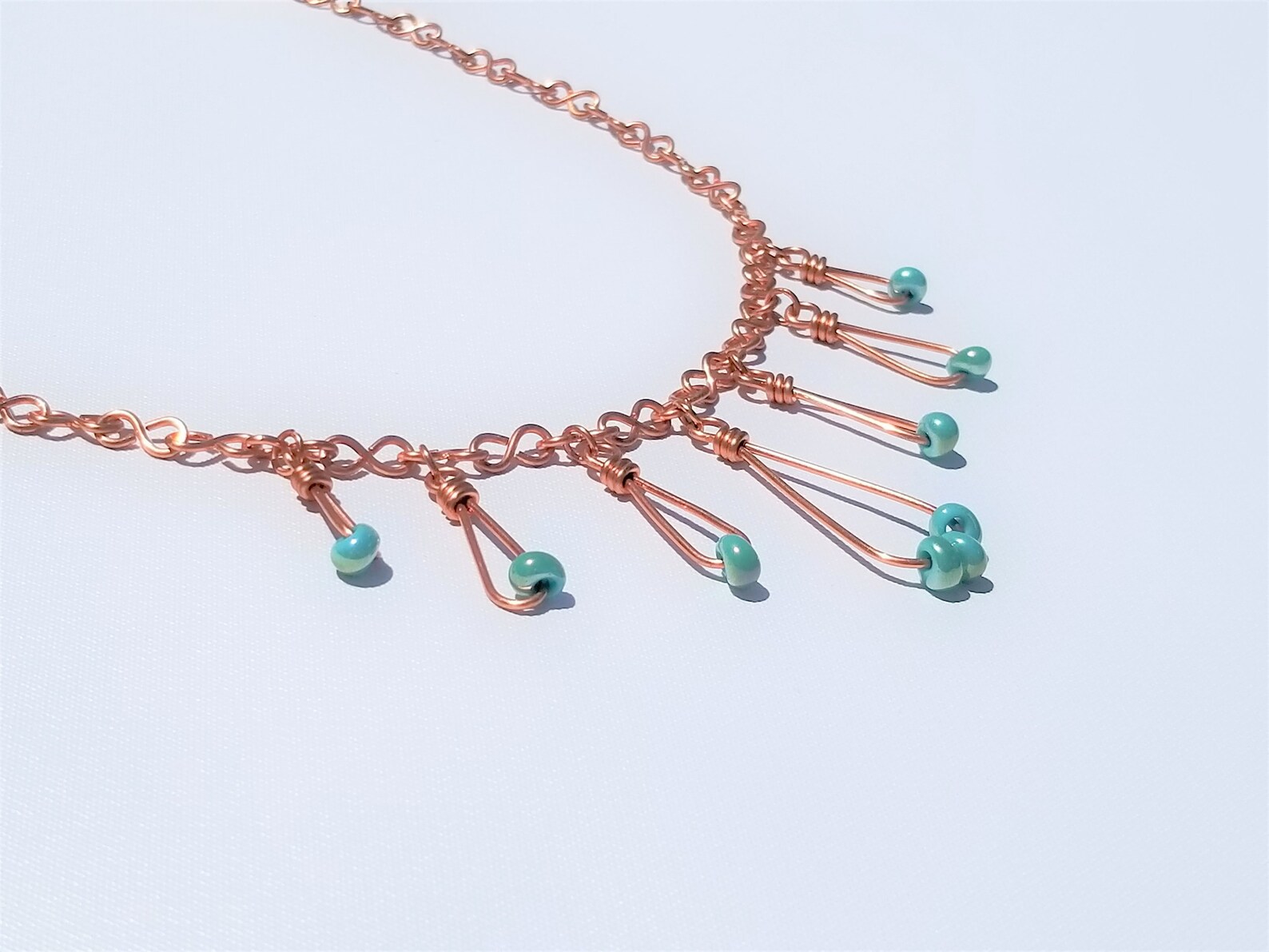 OOAK boho copper chain necklace/graduated teardrops/green | Etsy