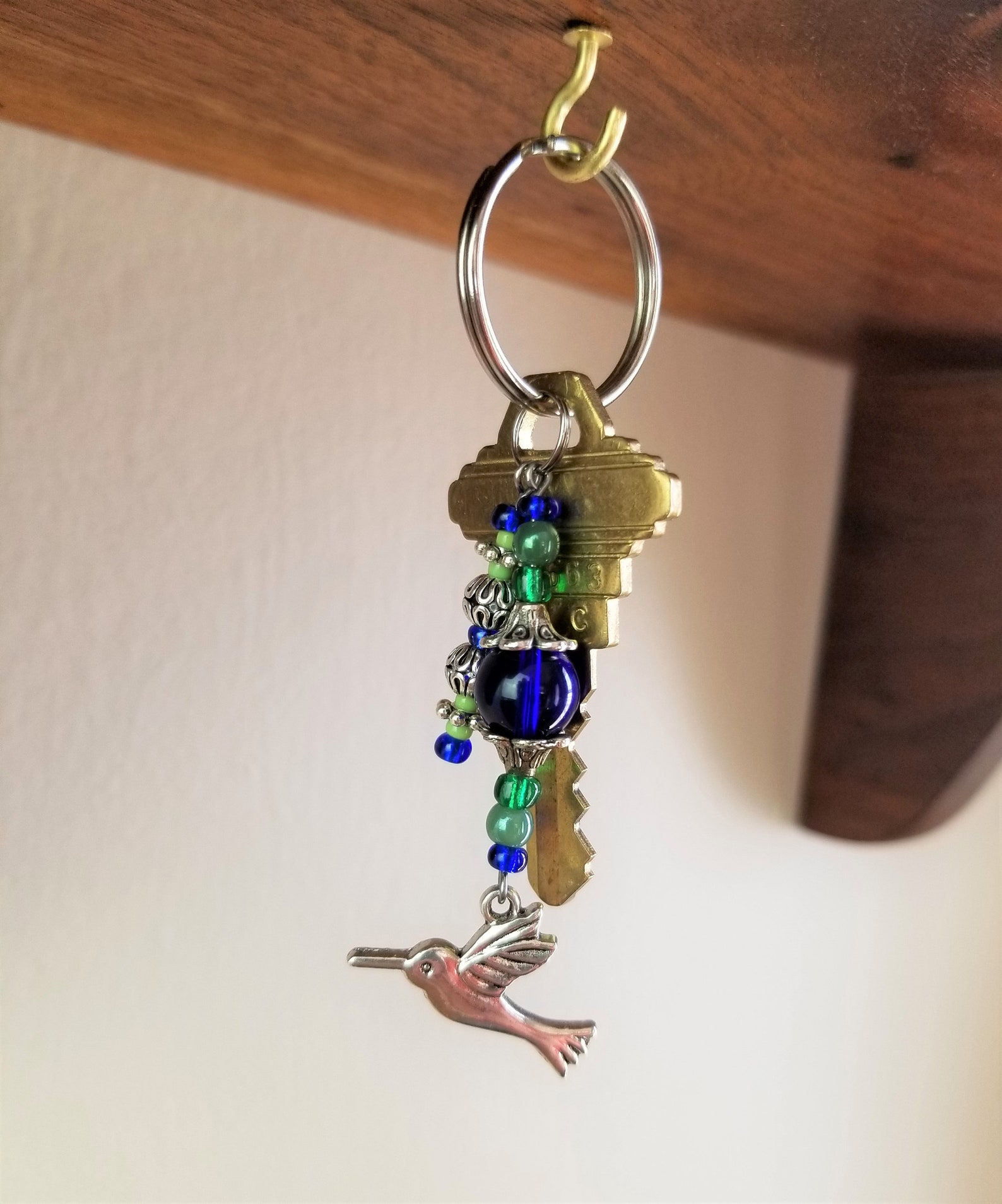 Hummingbird charm beaded keychain/blue green/glass metal | Etsy
