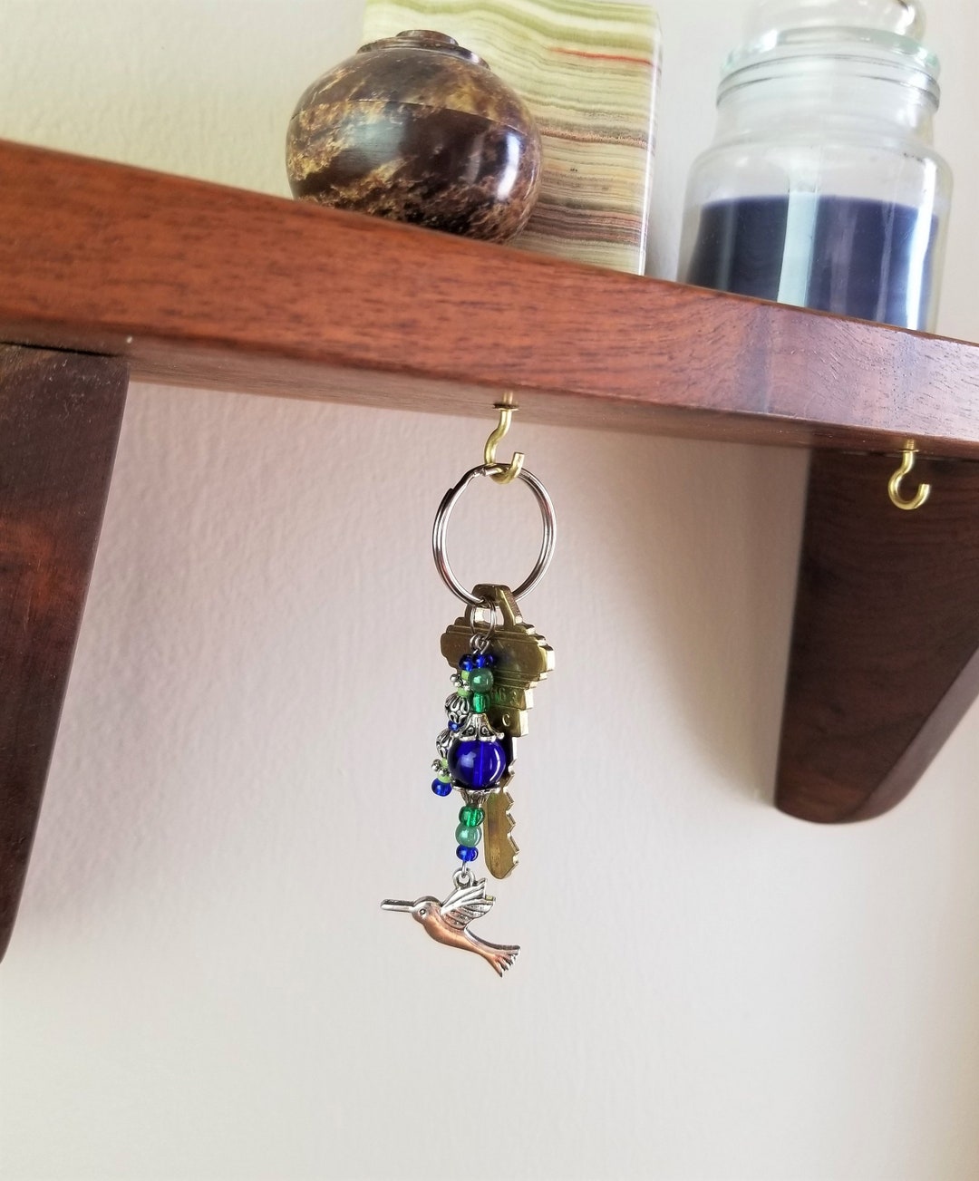 Hummingbird Charm, Beaded Keychain/blue, Green/glass, Metal Beads ...