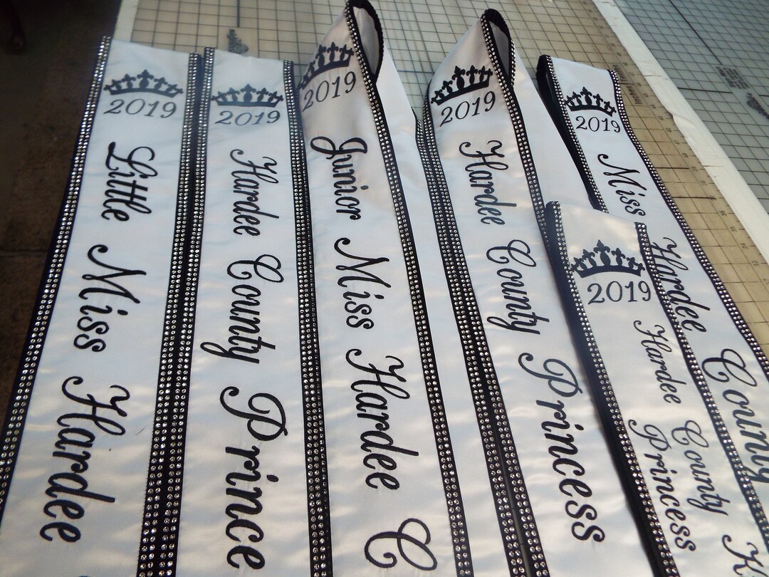 Pageant Sashes White Satin / Black Trim/ Number 17 Diamond Rhinestones ...