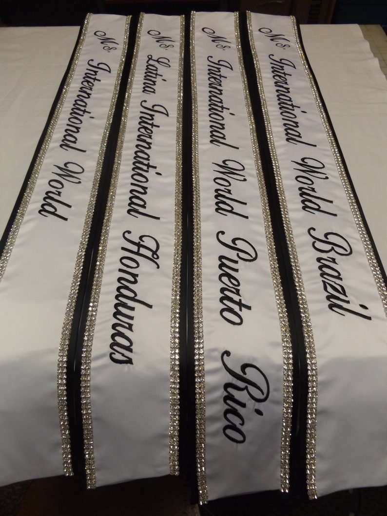 Pageant sashes / heavyweight White satin / Black satin Trim / | Etsy
