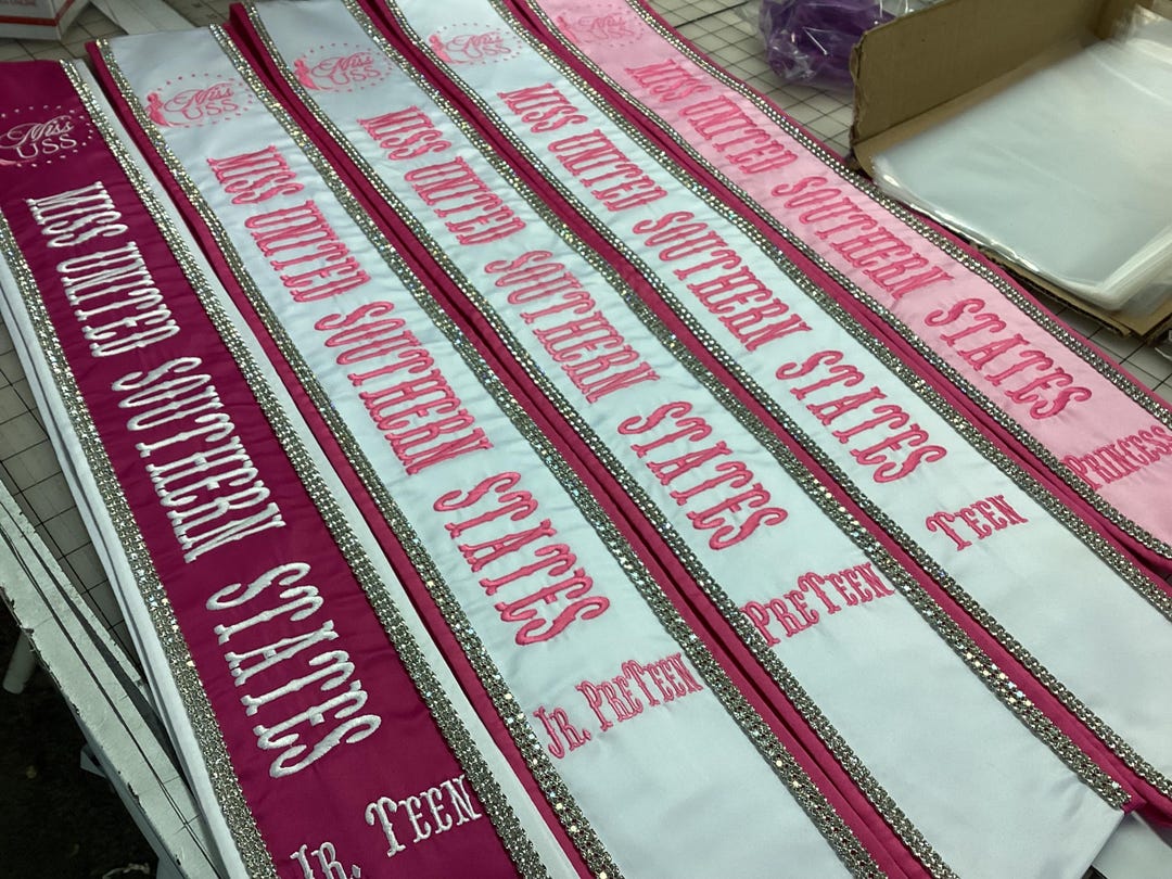 Pageant Sashes / Heavyweight White Satin / Satin Trim / Rhinestones ...