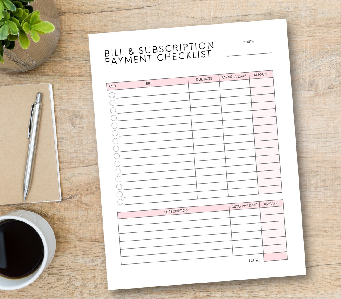 Monthly Bill Payment Tracker Printable Bill Pay Checklist | Etsy