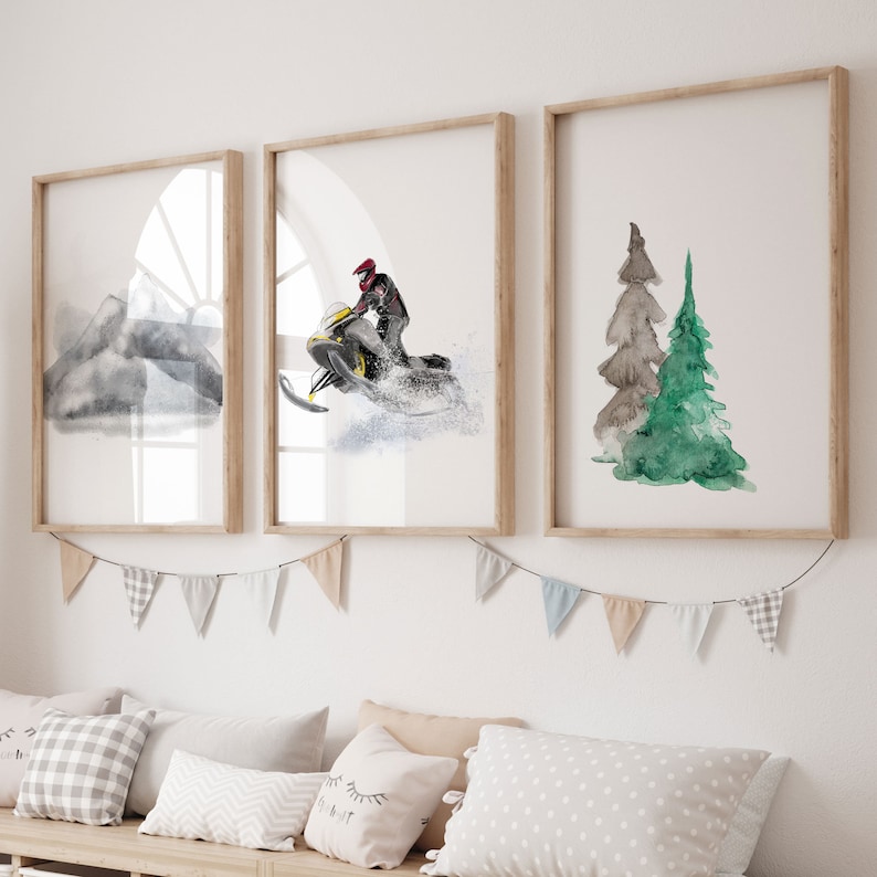 Set of 3 Snowmobile Prints / Skidoo, Snowy Mountains, Pine Tree / Wall ...