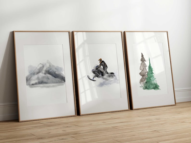 Set of 3 Snowmobile Prints / Skidoo, Snowy Mountains, Pine Tree / Wall ...