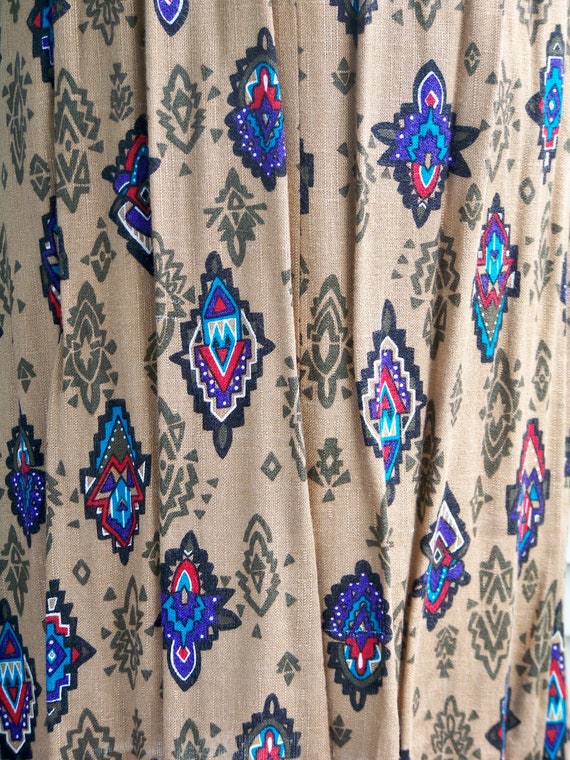 1990s Native Print Tan and Turquoise Pleated Skirt 1… - Gem