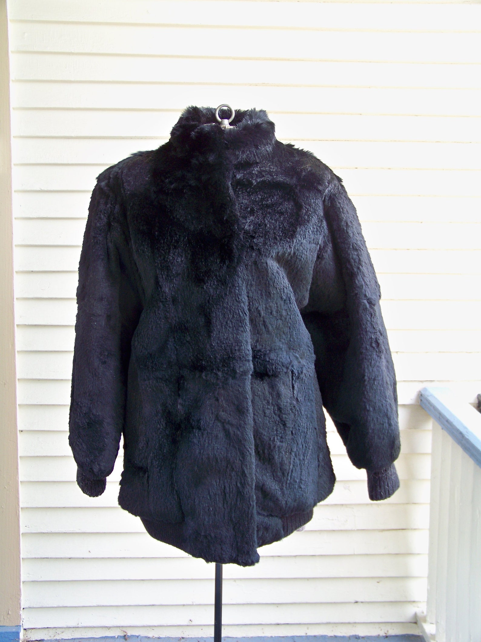 1980s Black Rabbit Fur Coat Mid-hip Length Vintage Retro Bohemian ...