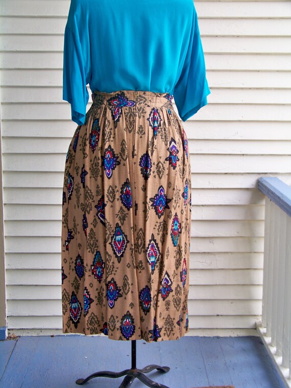 1990s Native Print Tan and Turquoise Pleated Skirt 1… - Gem