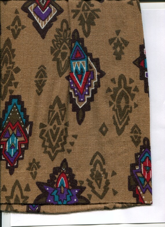 1990s Native Print Tan and Turquoise Pleated Skirt 1… - Gem
