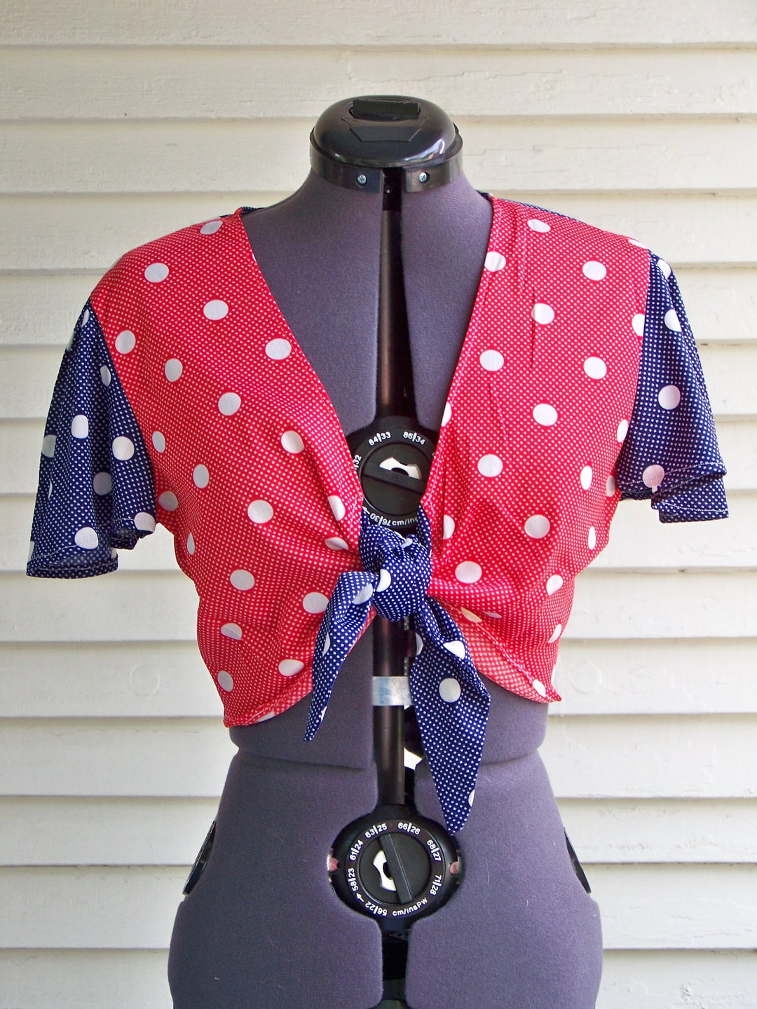 1970s Red & Blue With White Dots Silky Bare Midriff Top Crop Top Halter ...