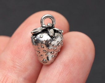 Small Silver Strawberry Charm, Antique Silver Sweet Berry Charm, Tiny ...