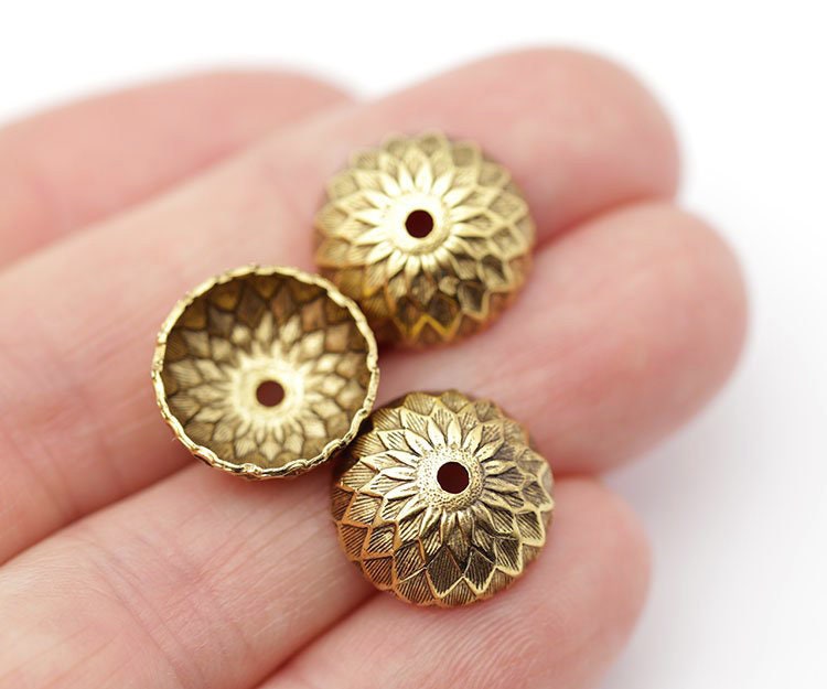 13mm Acorn Bead Caps, Large Bead Caps, Artisan Gold Beadcaps, Antique ...