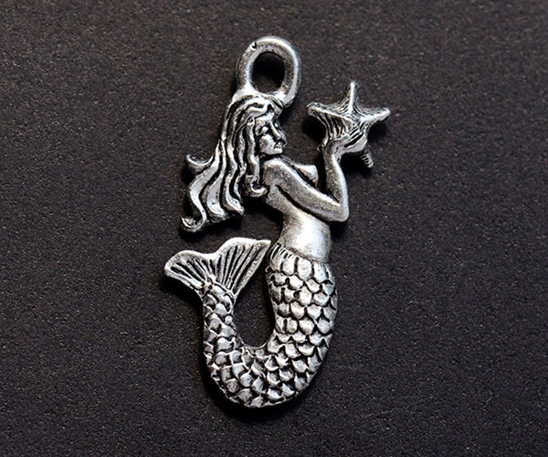 Silver Mermaid Charm, Mermaid With Star Charm, Antique Silver Mermaid ...