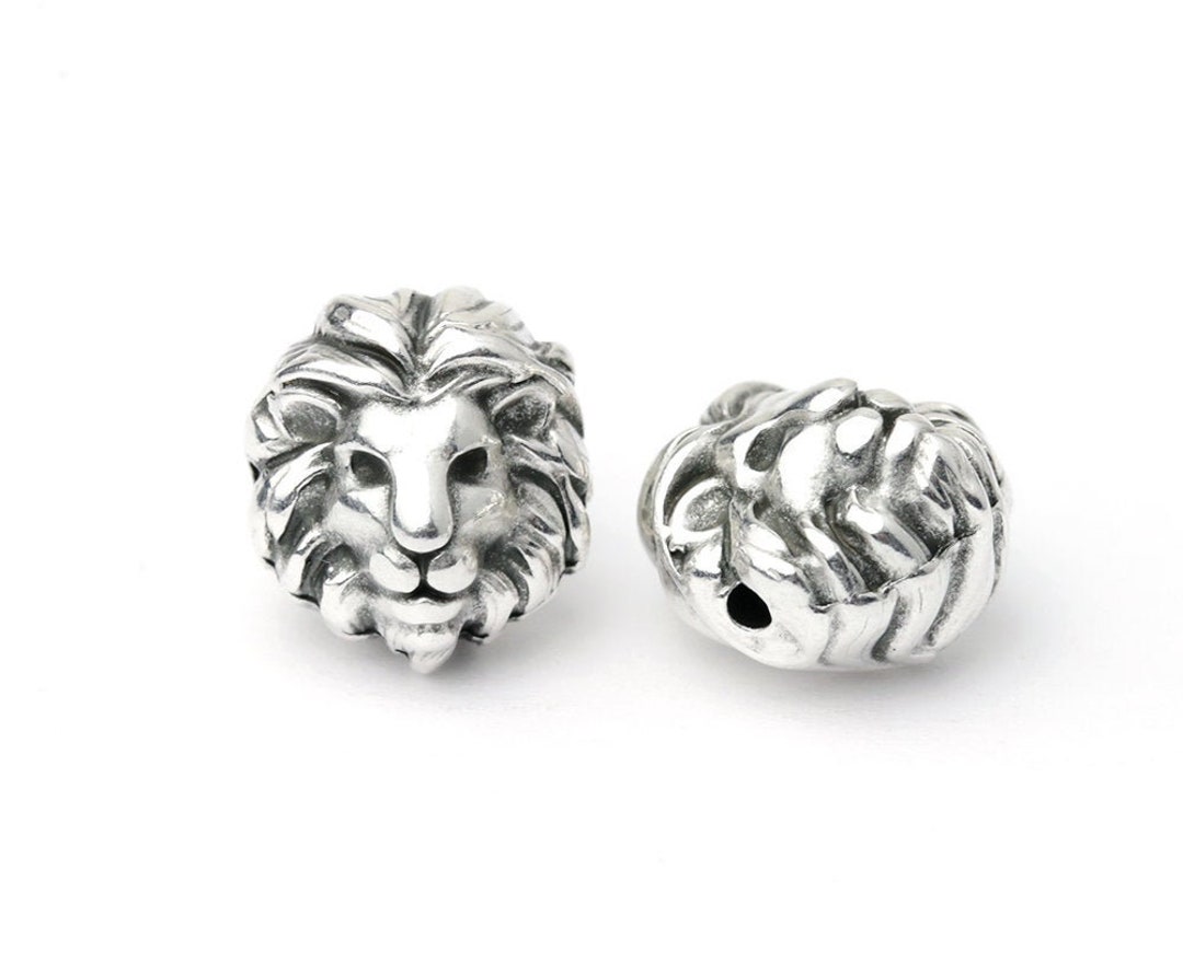 Silver Lion Head Bead, Antique Silver Lion Head Charm, Animal Bead ...