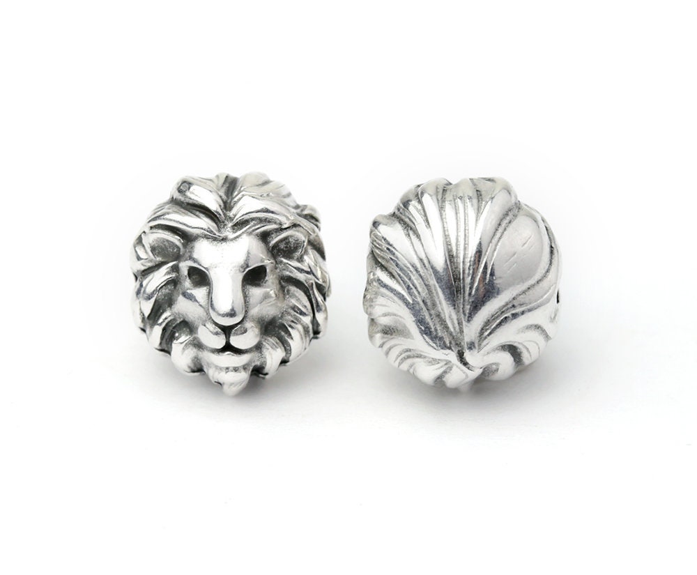 Silver Lion Head Bead, Antique Silver Lion Head Charm, Animal Bead ...