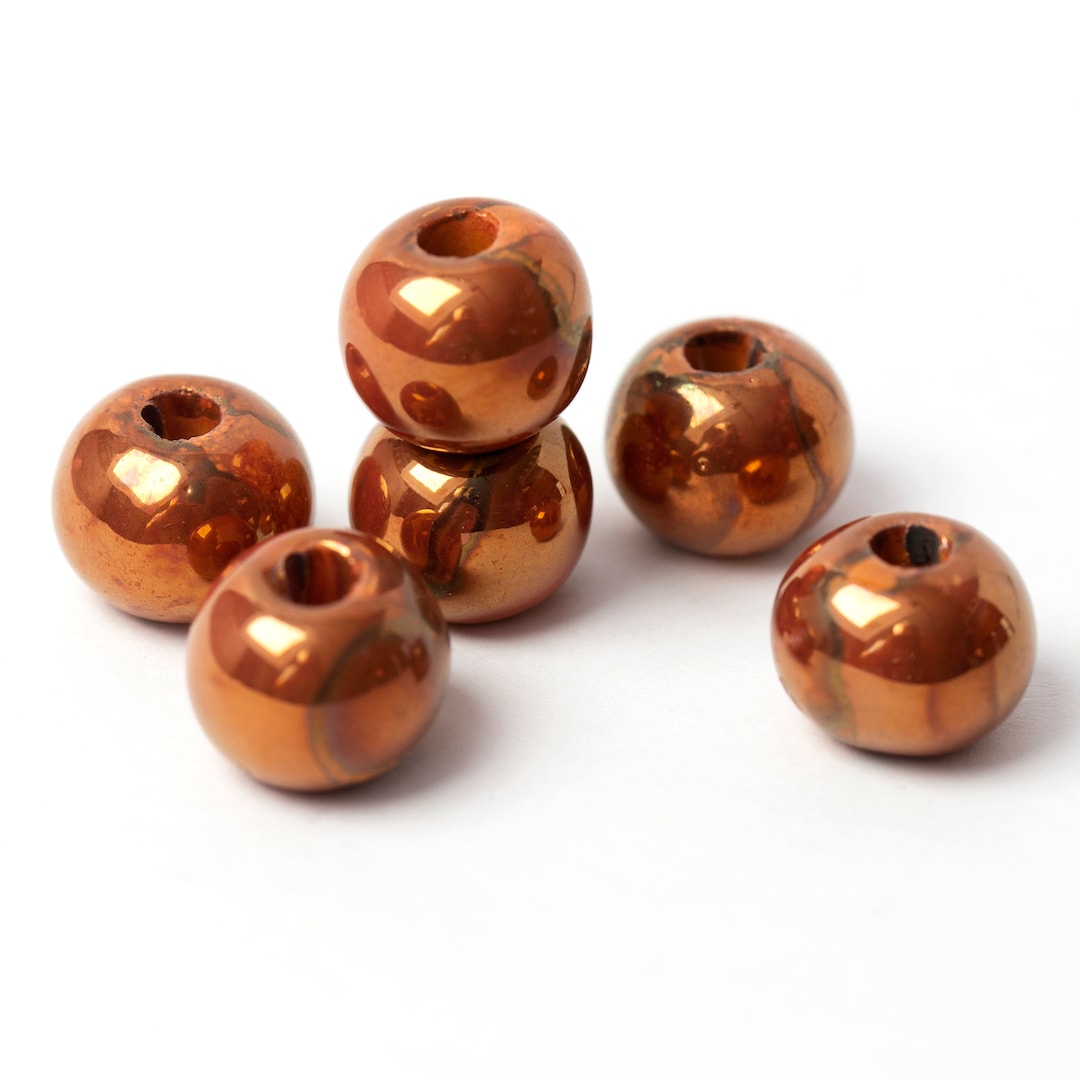 12mm Golden Red Luster Enameled Ball, Large Hole Glazed Beads, Red ...