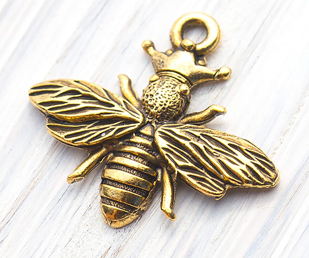 Queen Bee With Crown Charm, Gold Queen Bee Charm, Antique Gold, Made in ...