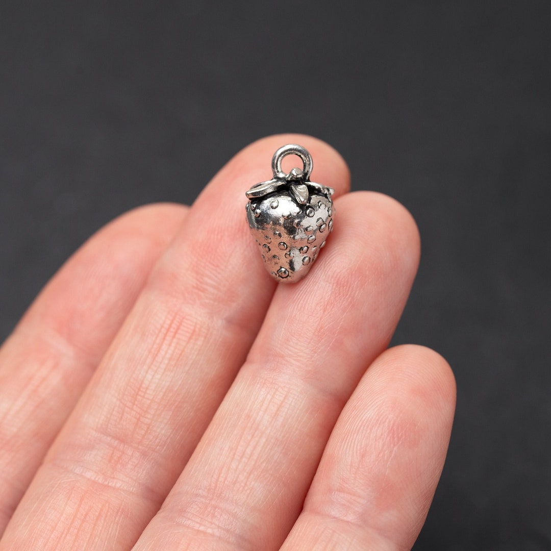 Small Silver Strawberry Charm, Antique Silver Sweet Berry Charm, Tiny ...