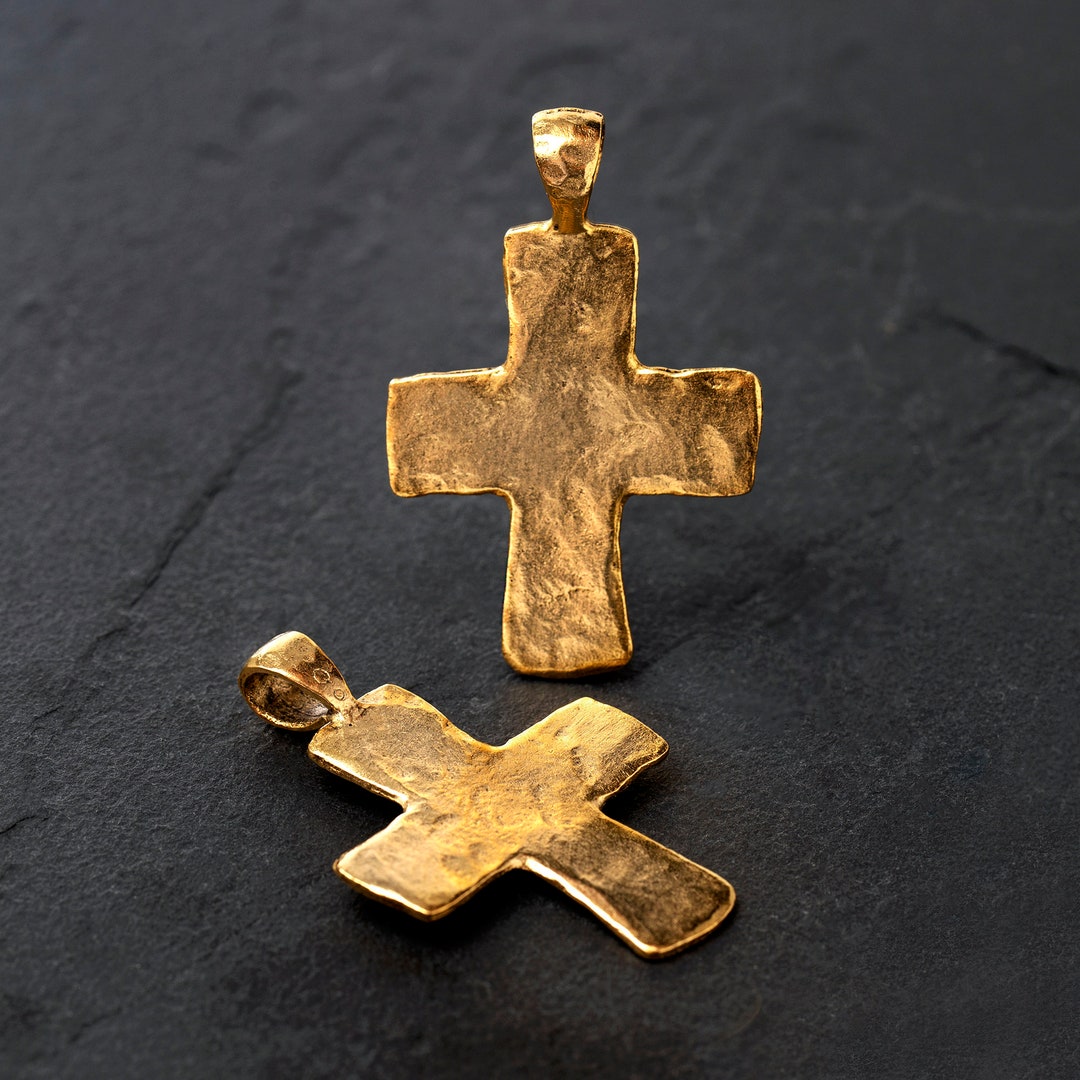 Large Gold Cross Pendant, Gold Hammered Cross Pendant, Ancient Cross ...