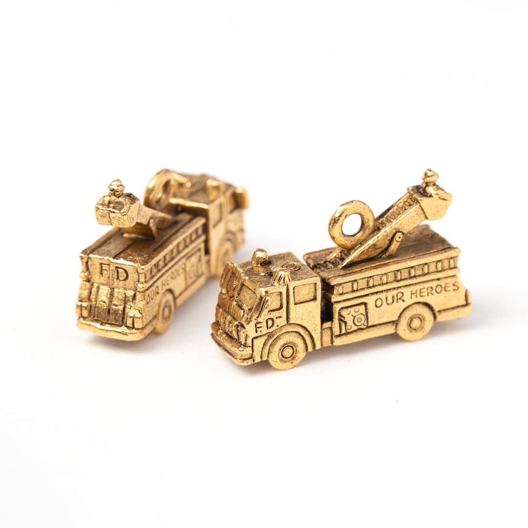 3D Gold Fire Engine Charm, Antique Gold Fire Truck Pendant, Our Heroes ...