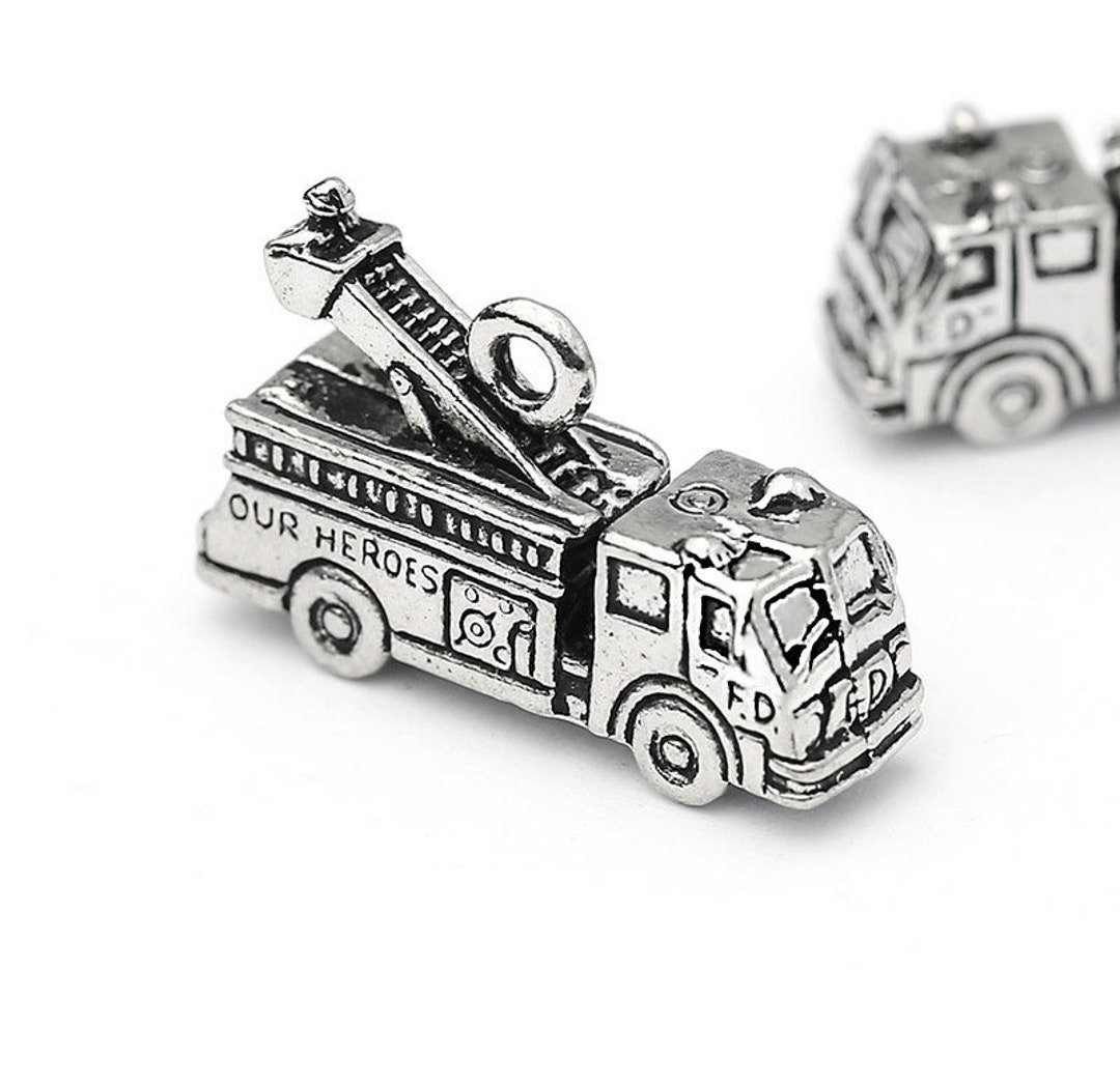 3D Silver Fire Engine Charm, Antique Silver Fire Truck Pendant, Our ...