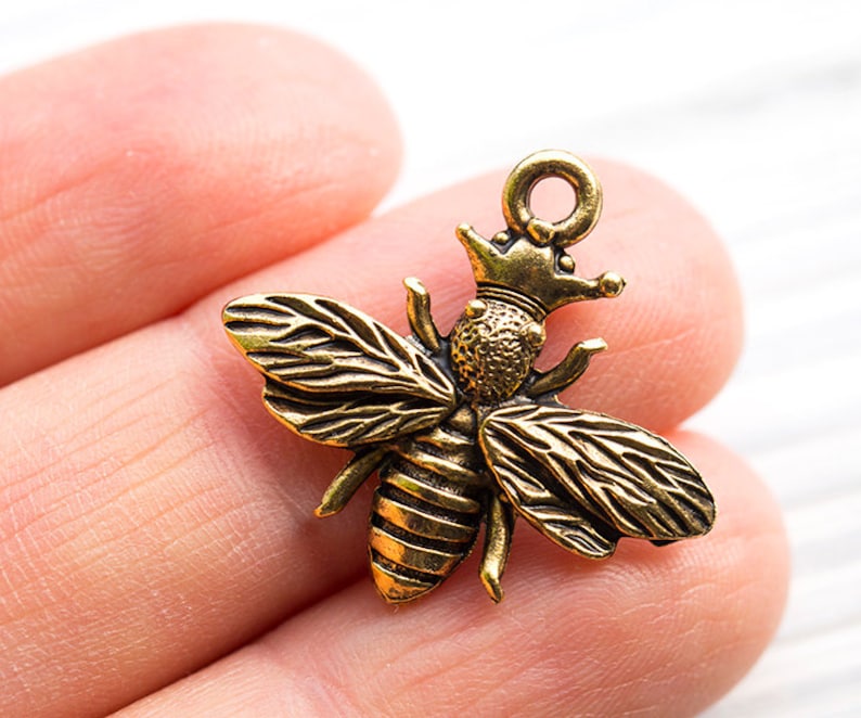 Queen Bee With Crown Charm, Gold Queen Bee Charm, Antique Gold, Made in ...