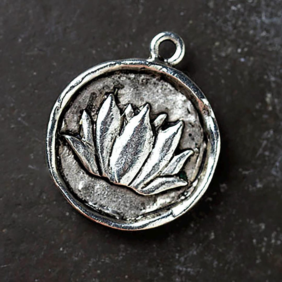 Silver Lotus Coin Charm, Medallion, Antique Silver Lotus Round Pendant ...