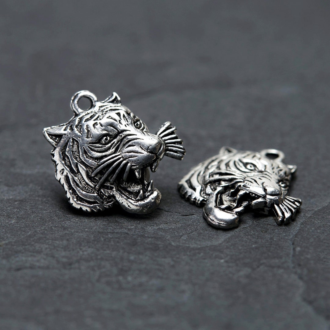 Silver Roaring Tiger Charm, Silver Angry Tiger Head Charm, Wild Animal ...