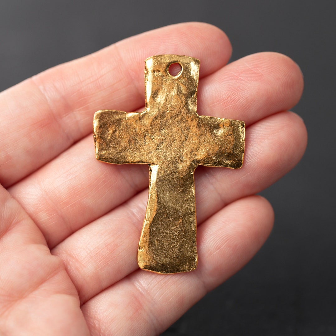 Large Gold Cross Pendant, Gold Hammered Cross Pendant, Large Rosary ...