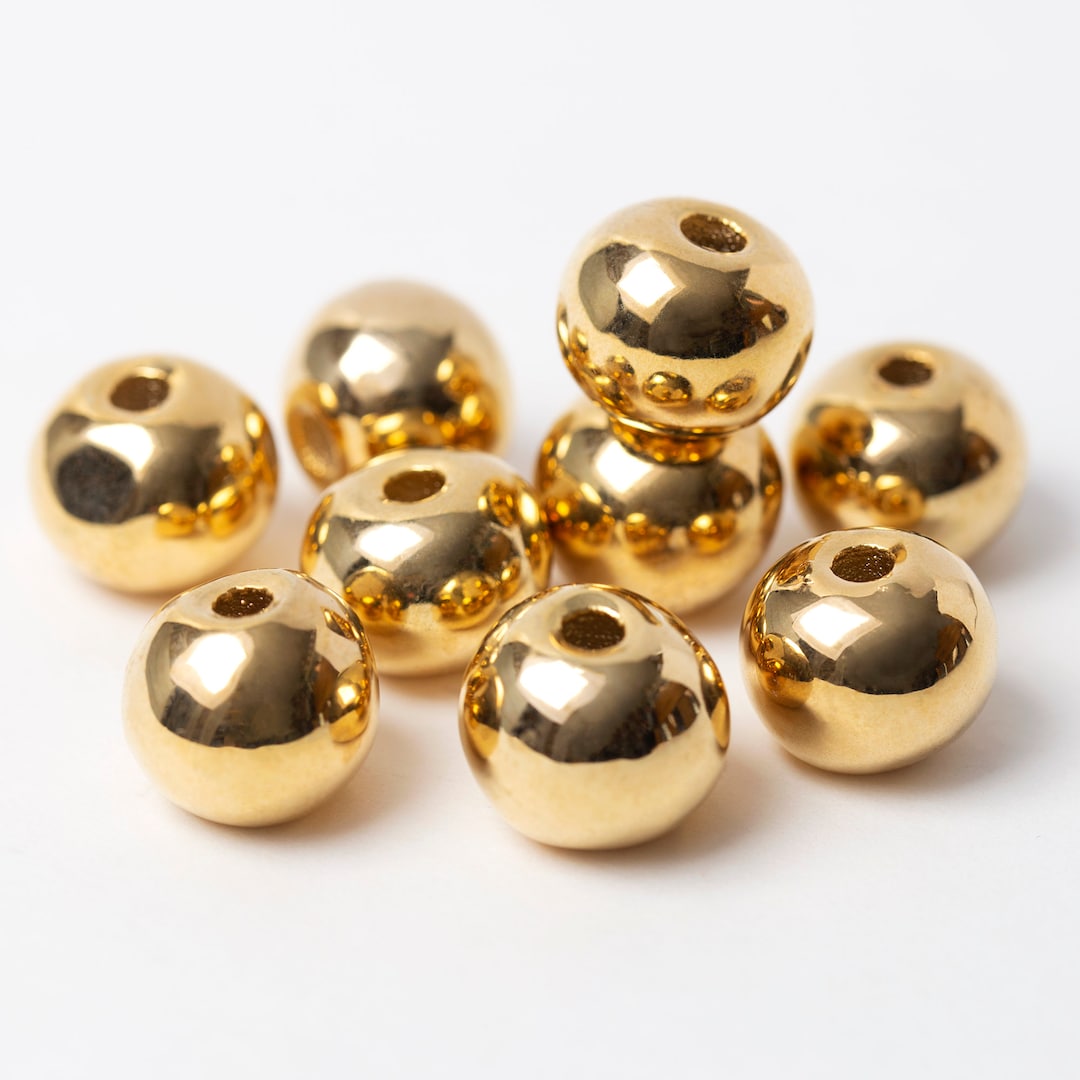 12mm Gold Ball Beads, Large Hole Gold Beads, Gold Sphere Beads, Gold ...
