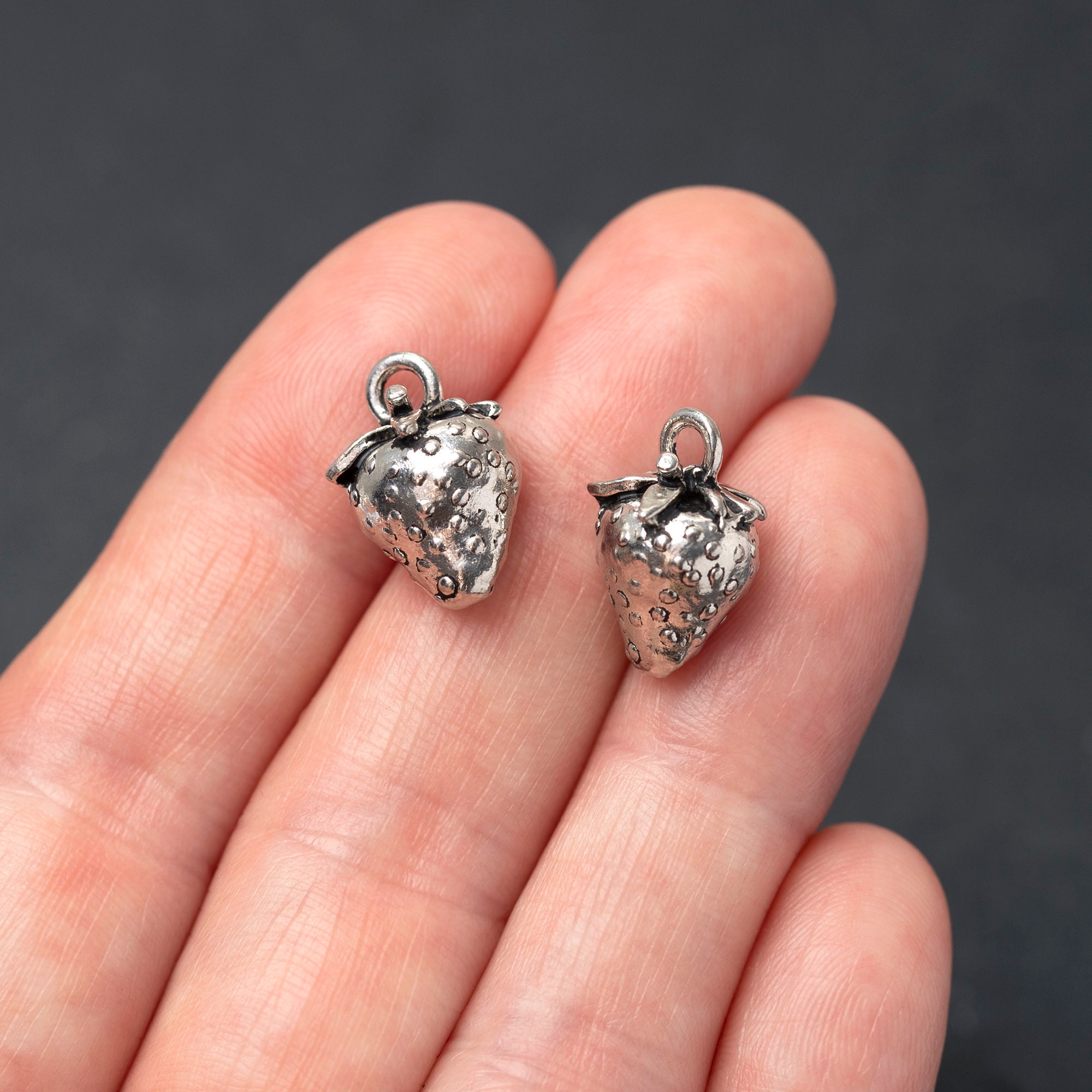 Small Silver Strawberry Charm, Antique Silver Sweet Berry Charm, Tiny ...