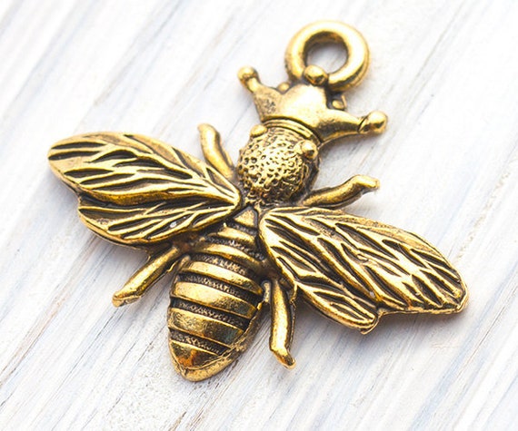 Queen Bee With Crown Charm Gold Queen Bee Charm Antique | Etsy