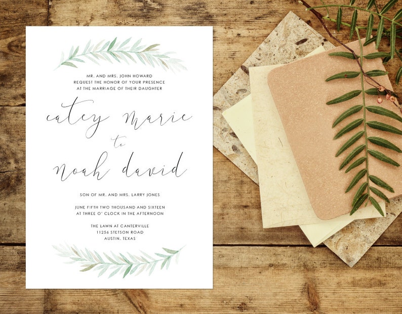 Greenery Wedding Invitation Leafy Script Wedding Invitation - Etsy