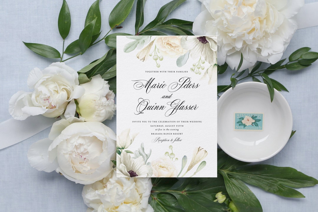 Ivory Floral Wedding Invitation, White Flowers Wedding Invitation ...