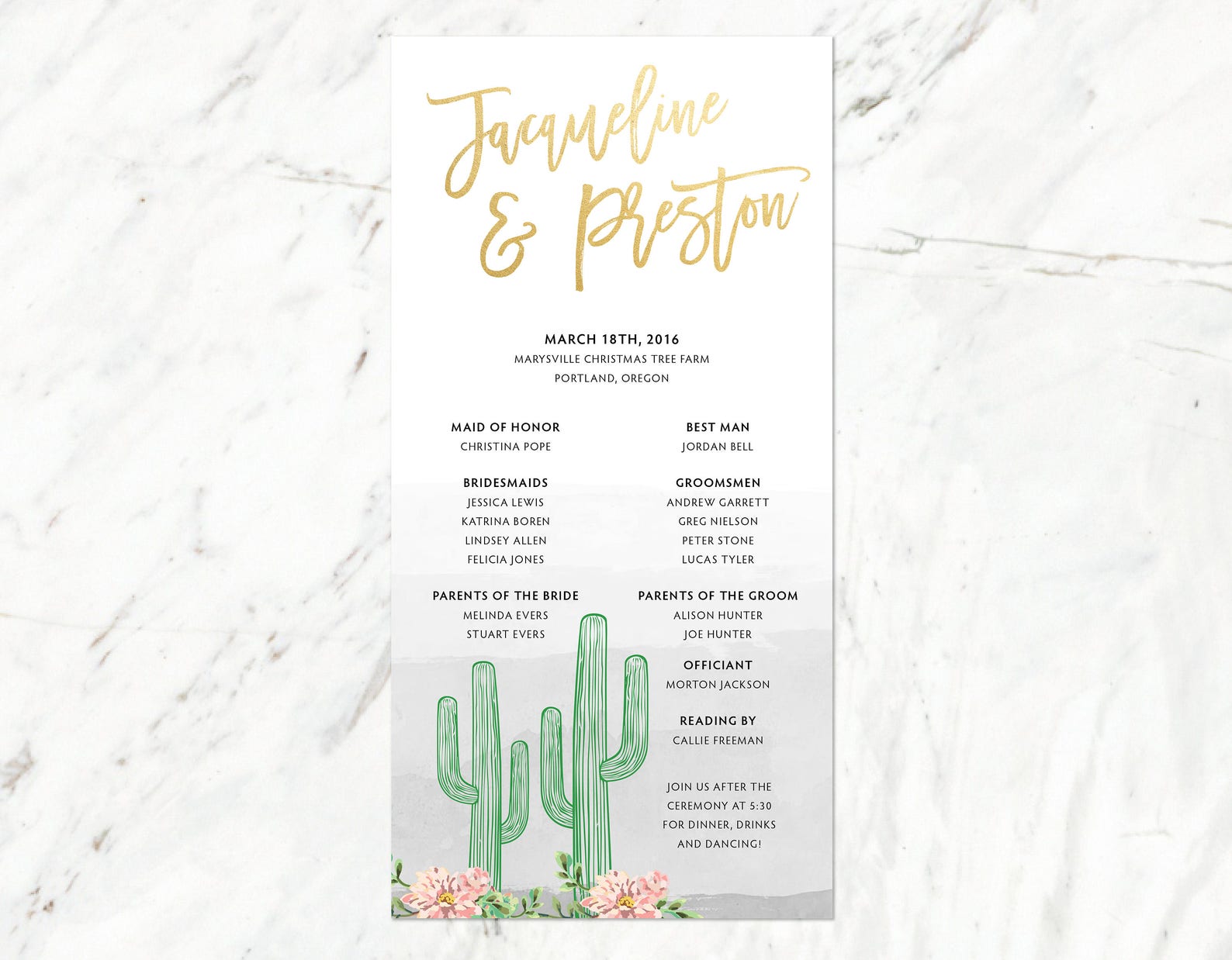 Wedding Program Gold and Cactus Program Arizona Wedding | Etsy