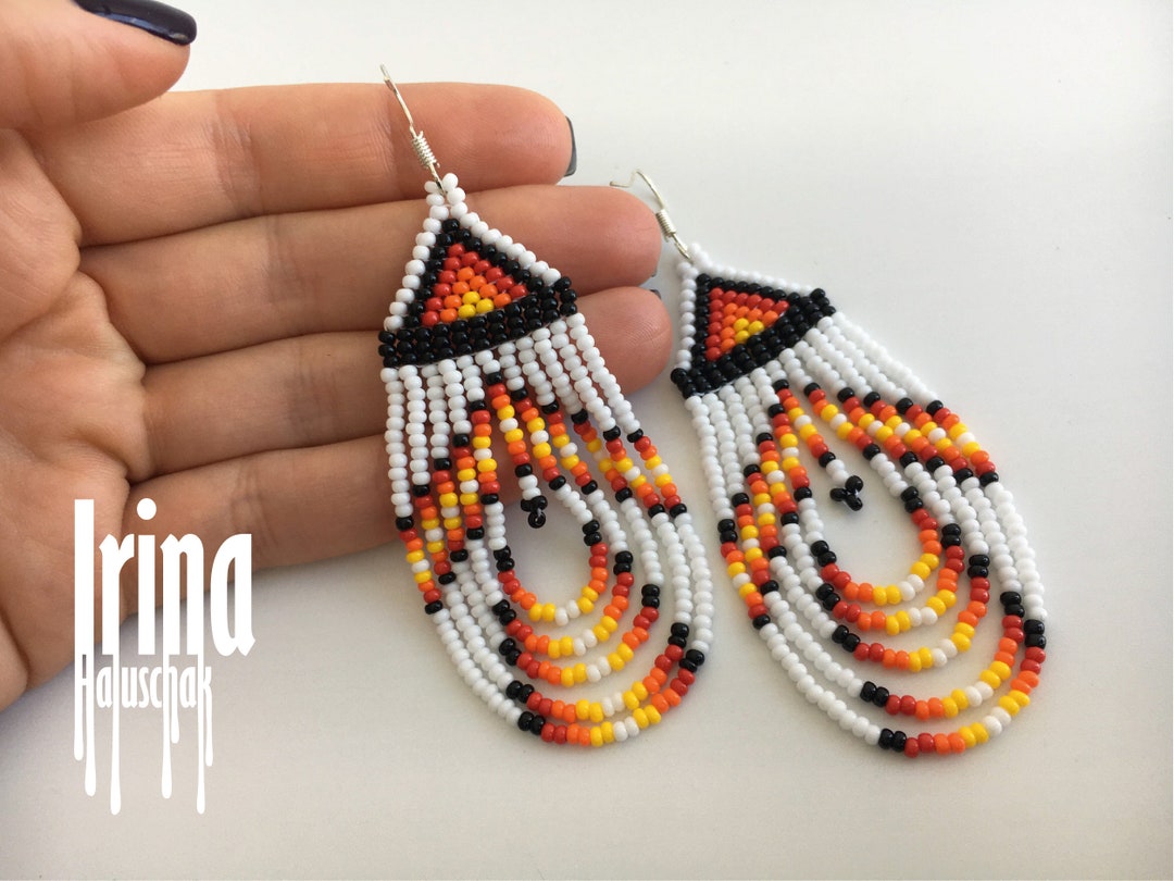 White Native American Style Beaded Earrings Seed Bead Earrings Fringe ...