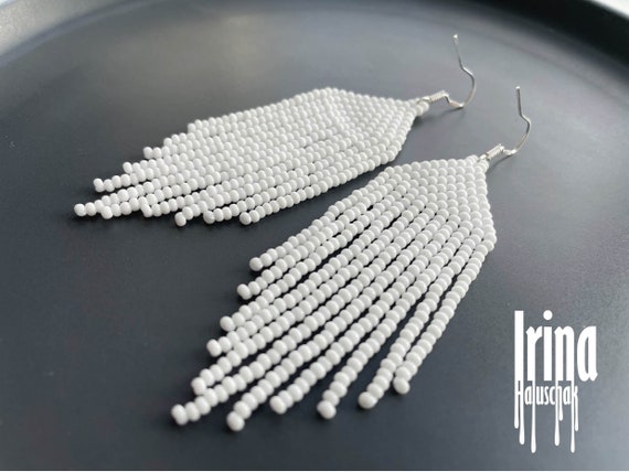 White Beaded Earrings. Seed Bead Earrings. Modern Earrings - Etsy