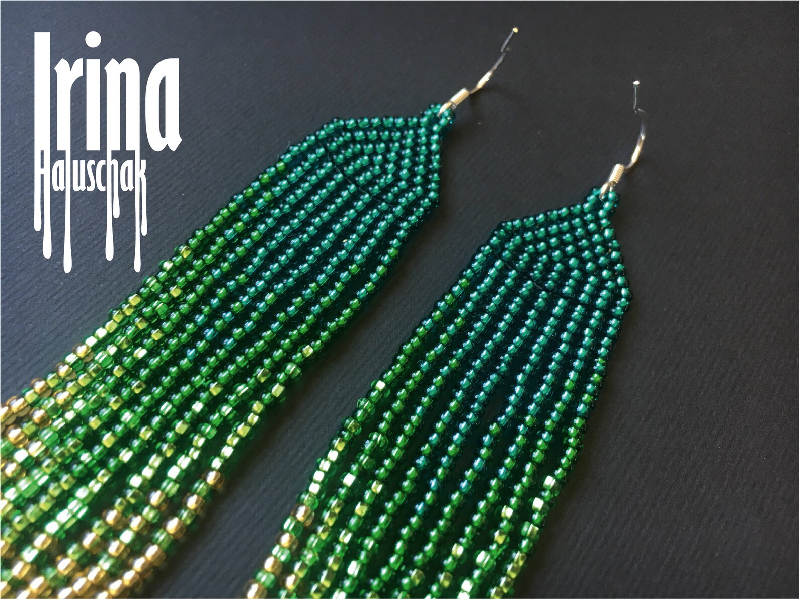 Beaded Earrings Green Gradient Seed Bead Earrings Gold Tassel Earrings ...
