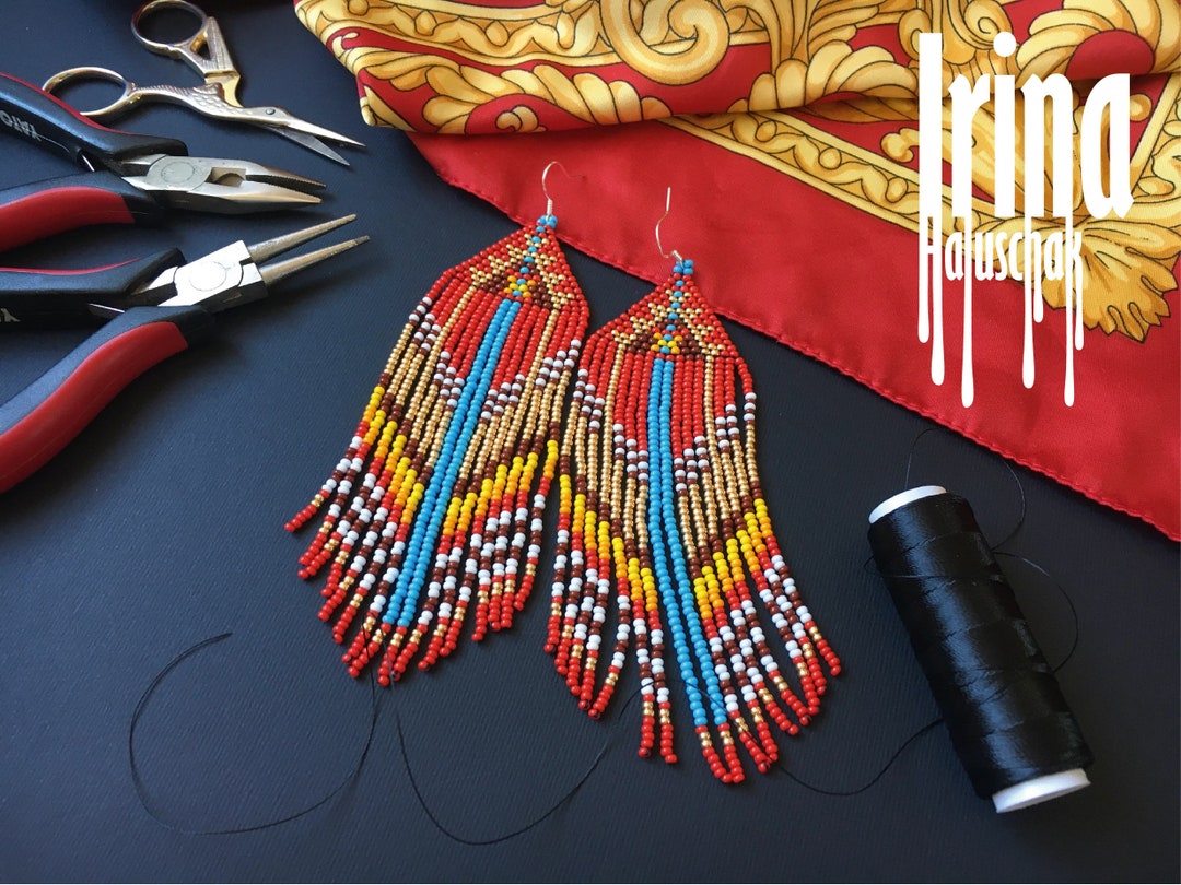 Beaded Earrings Native American Style Red Earrings Wide Seed Bead ...