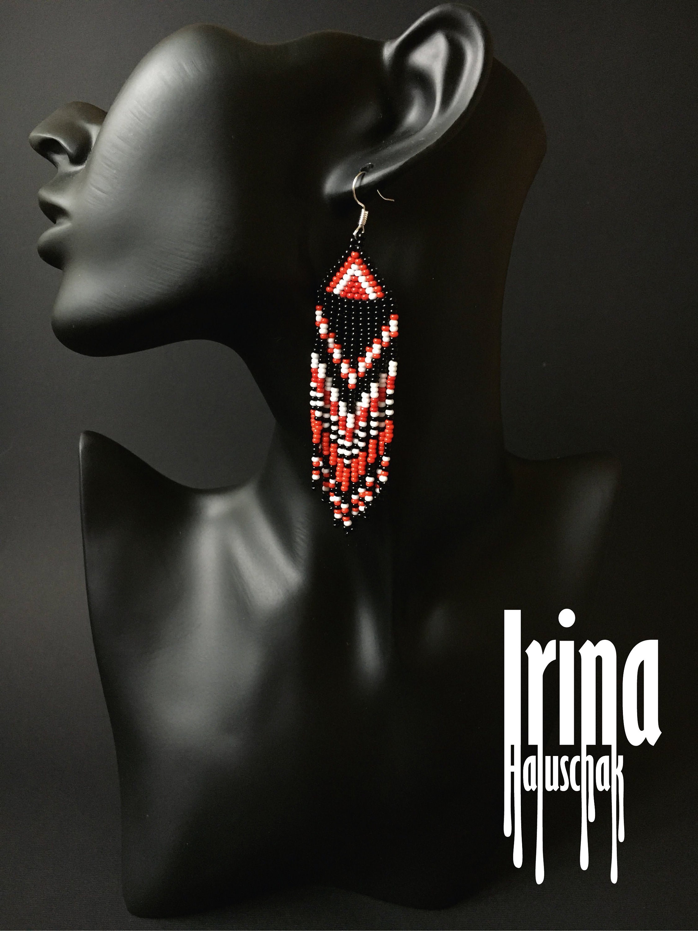 Black And Red Beaded Earrings Indian Style Earrings Native Etsy