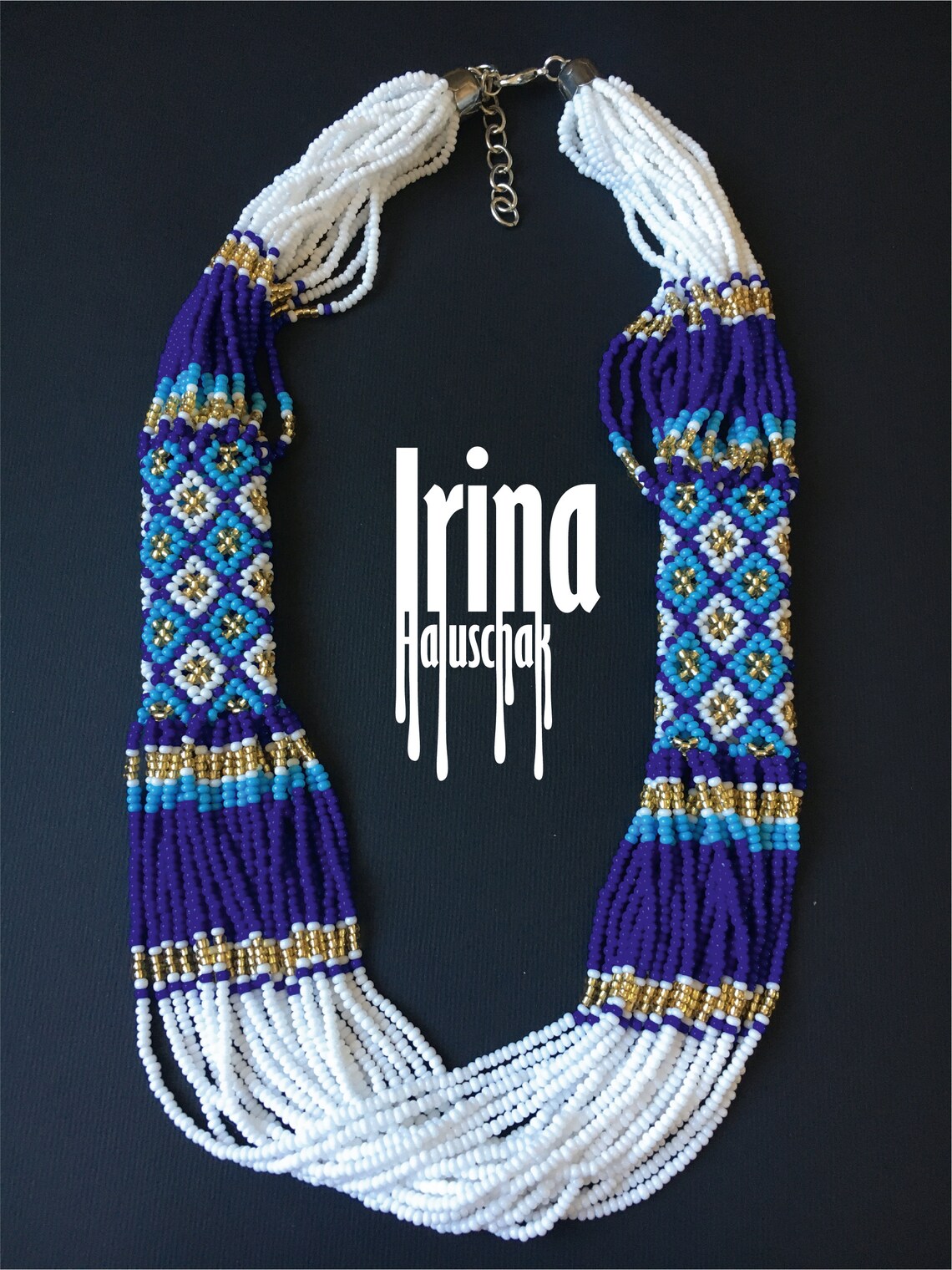 Blue and Gold Folk Ukrainian Necklace Ukraine Beaded Necklace - Etsy