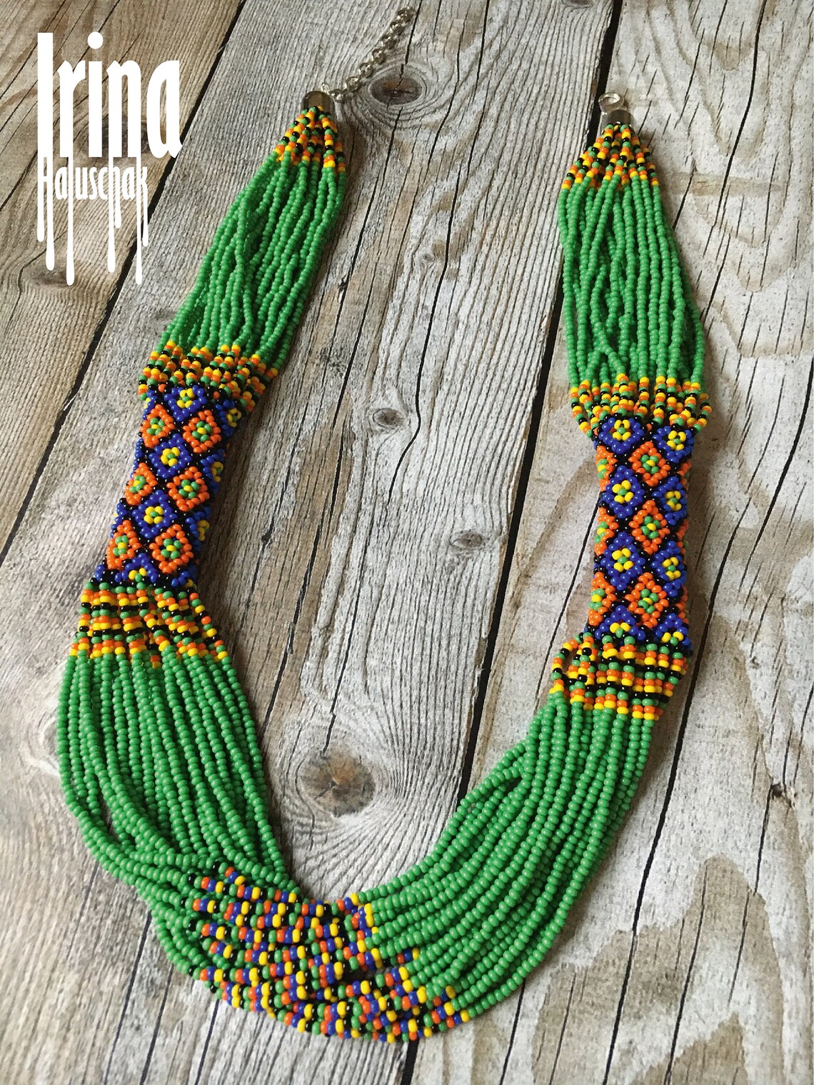 GREEN Folk Ukrainian Necklace Ukraine Beaded Necklace Seed Bead Gerdan ...