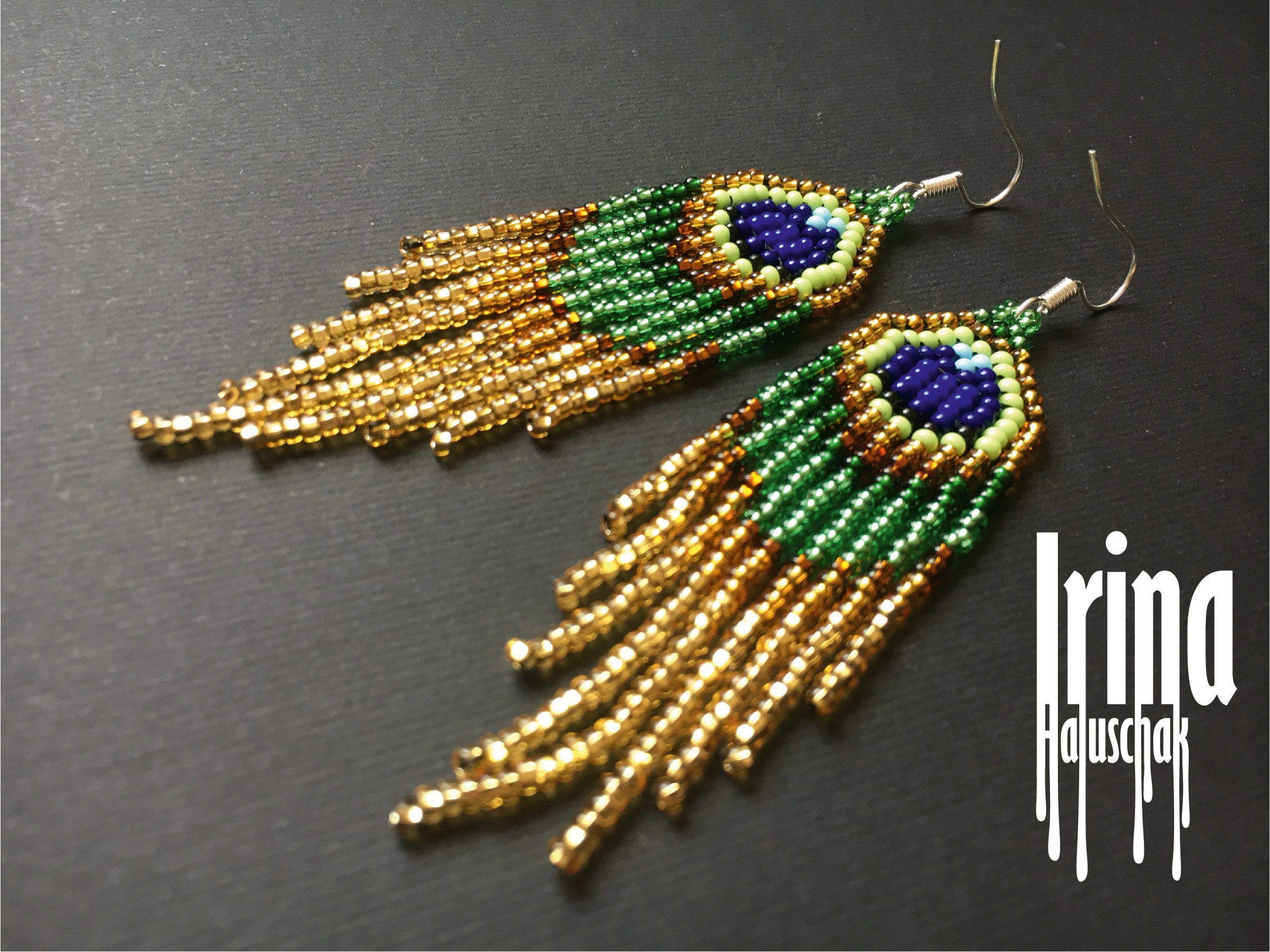 Beaded earrings Peacock seed bead earrings Gold long beaded | Etsy