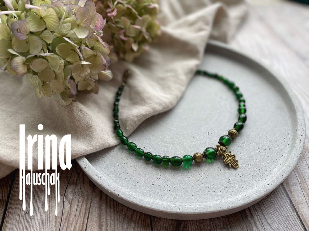 Green Glass Necklace With Hutsul Cross Zgarda Ukraine Jewelry Brass ...